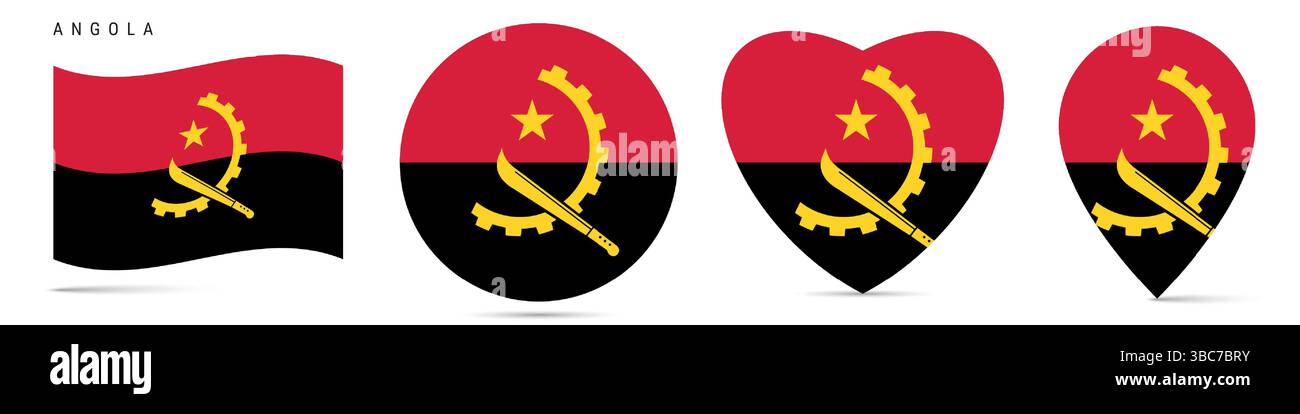 Angola waving flag, round circle sticker badge, heart shaped icon, map ...