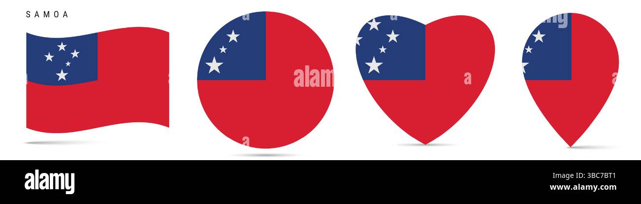 Samoa waving flag, round circle sticker badge, heart shaped icon, map ...