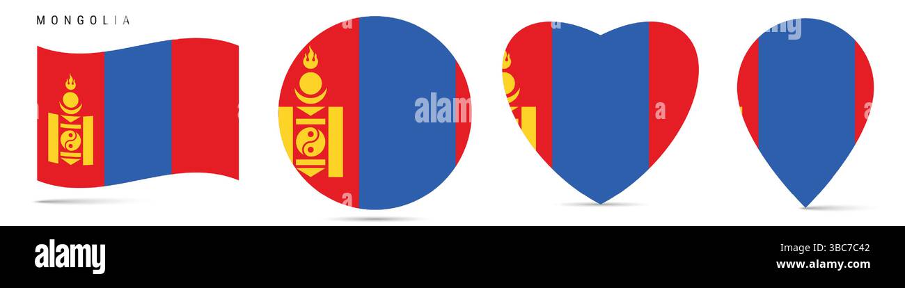 Mongolia waving flag, round circle sticker badge, heart shaped icon, map pin. Mongolian flag ...