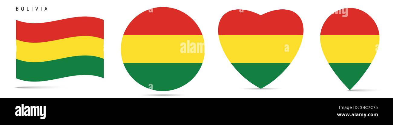 Bolivia waving flag, round circle sticker badge, heart shaped icon, map pin. Bolivian flag ...