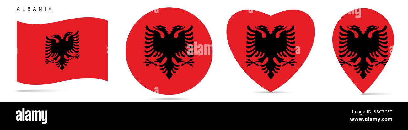 Albania waving flag, round circle sticker badge, heart shaped icon, map ...