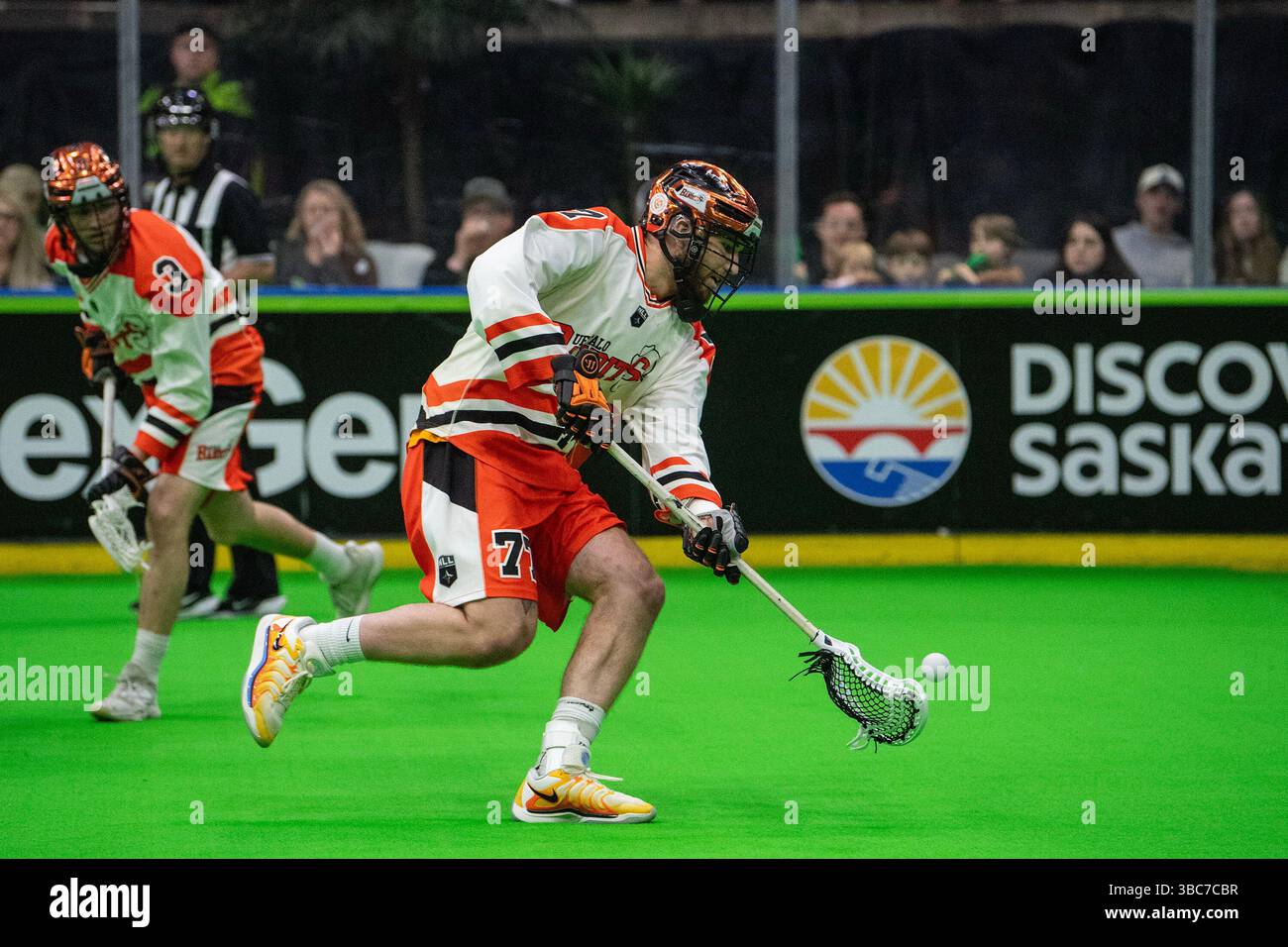 Saskatoon, Canada. 18th May, 2025. Buffalo Bandits defence Zack Belter ...