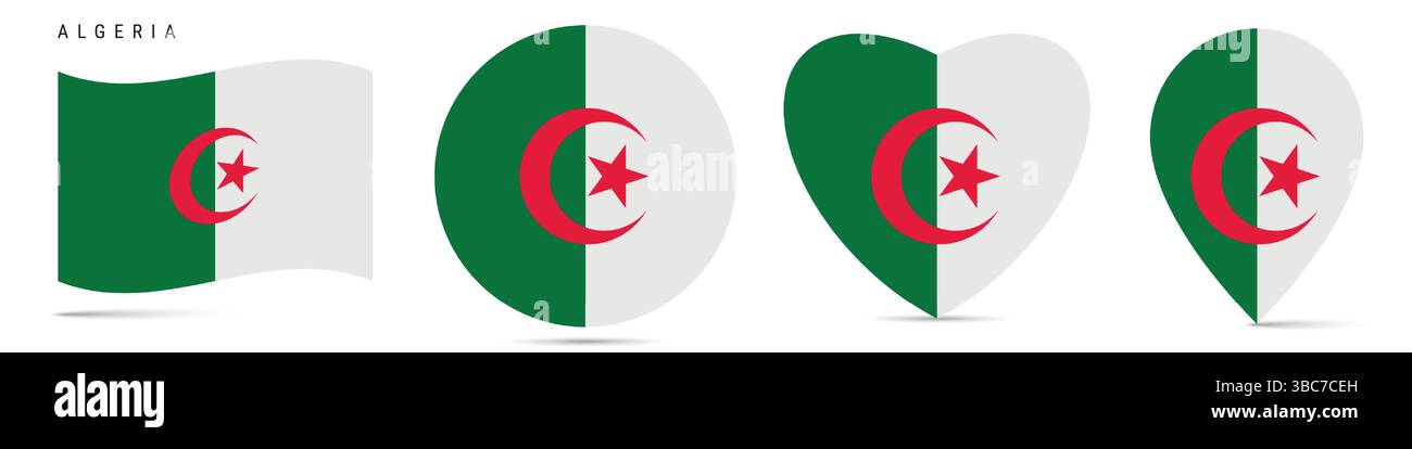 Algeria waving flag, round circle sticker badge, heart shaped icon, map ...