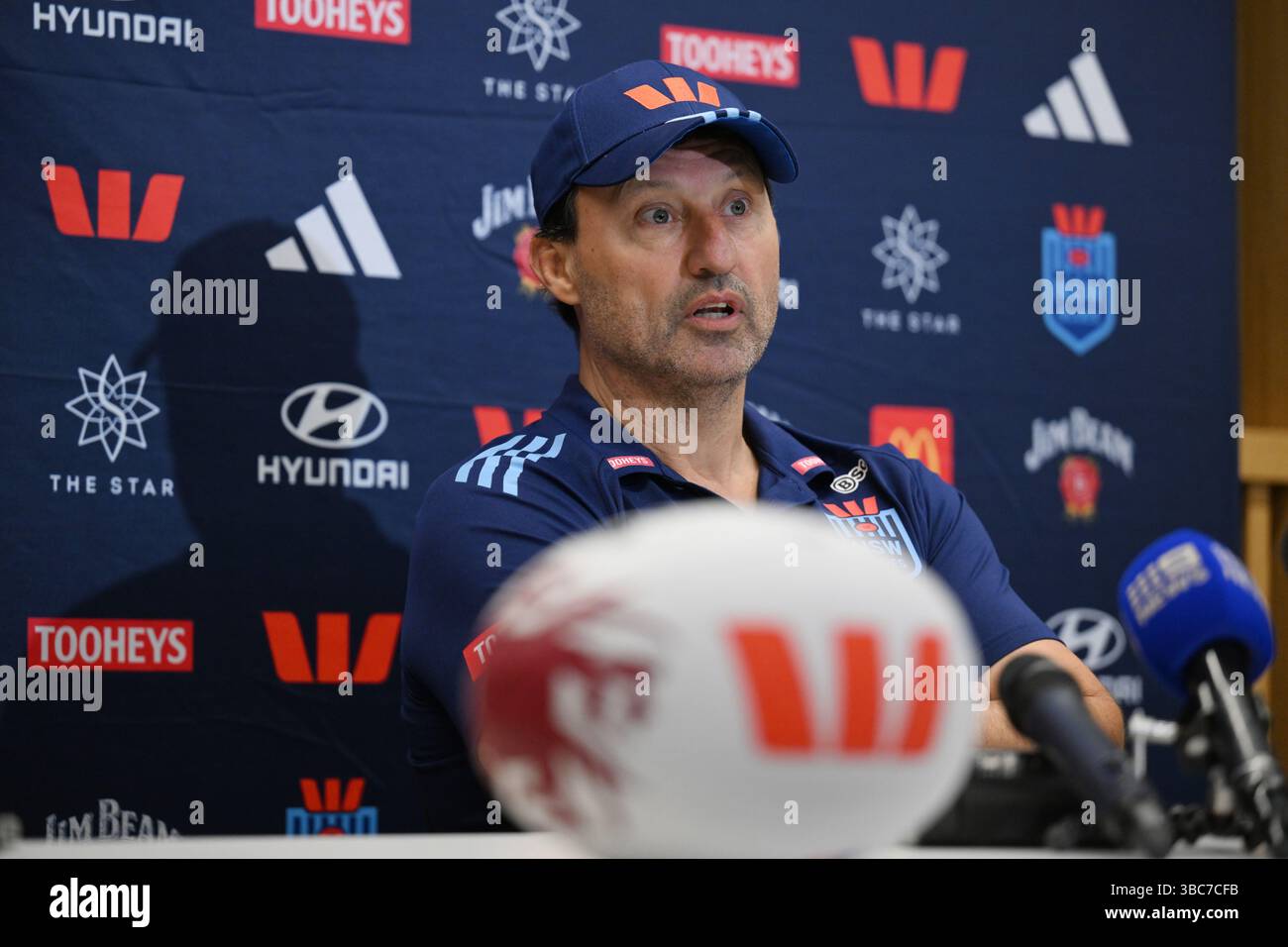 Sydney, Australia. 19th May, 2025. NSW Blues State of Origin coach Laurie Daley speaks to the ...