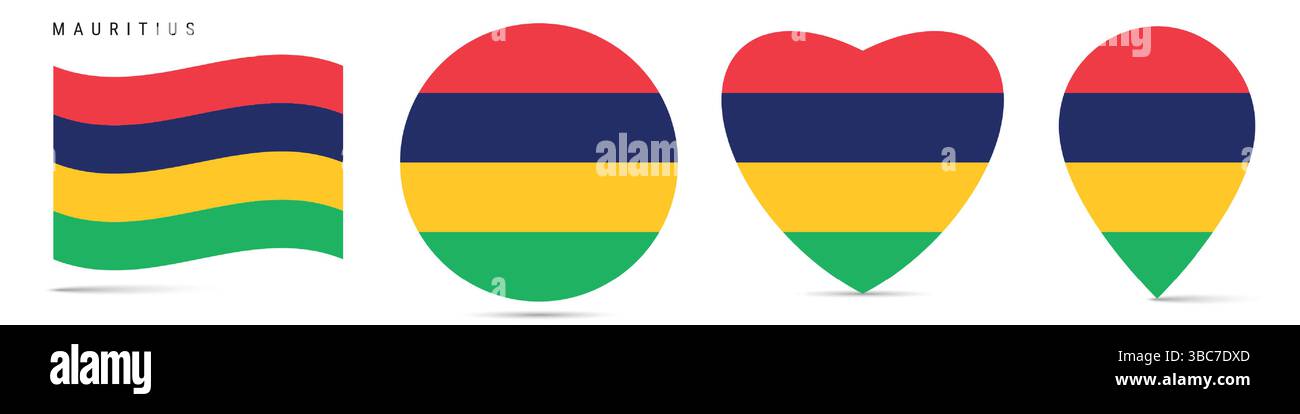 Mauritius waving flag, round circle sticker badge, heart shaped icon, map pin. Mauritian flag ...