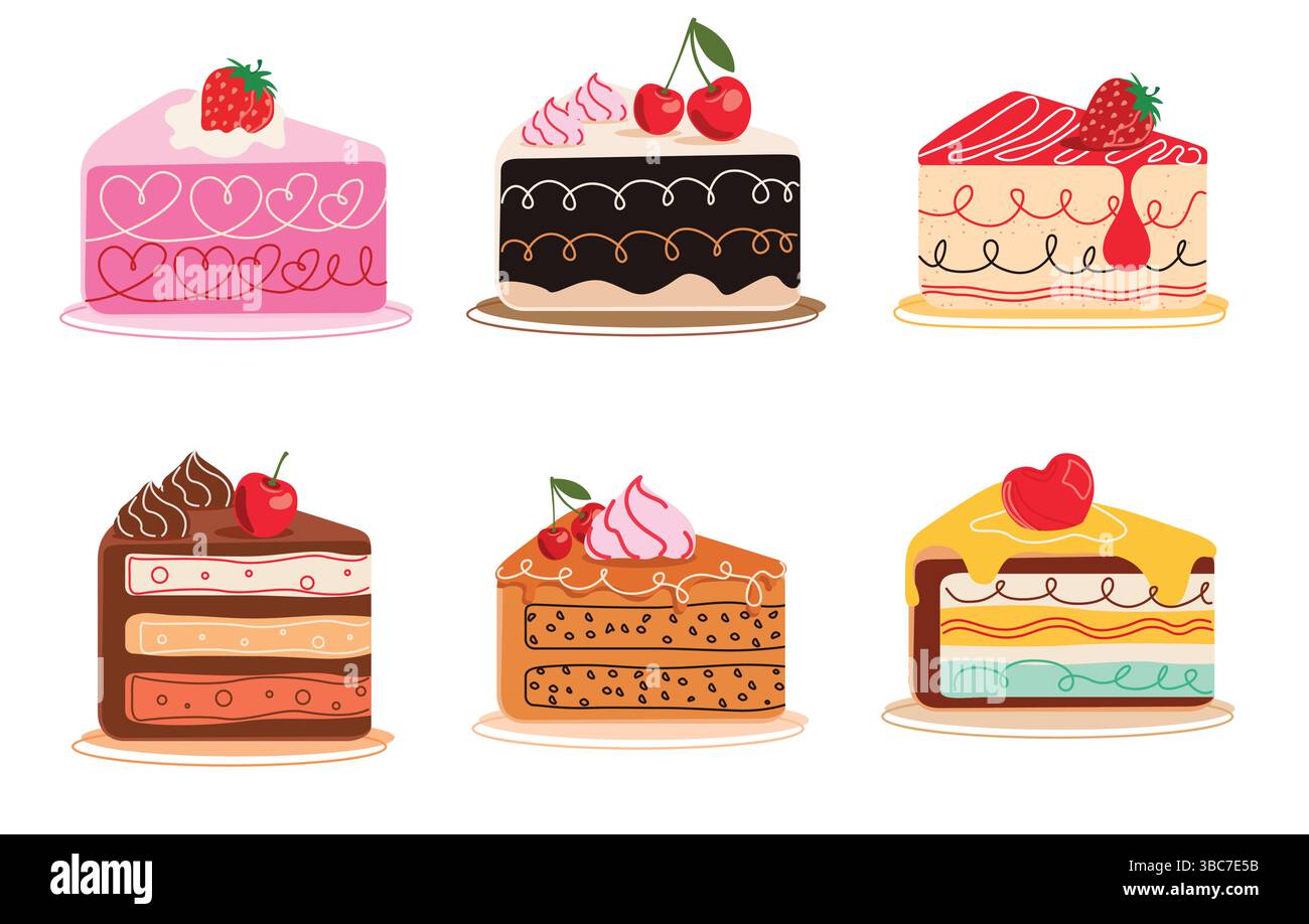 Birthday cake slices clipart set. Cake dessert slice drawing elements ...