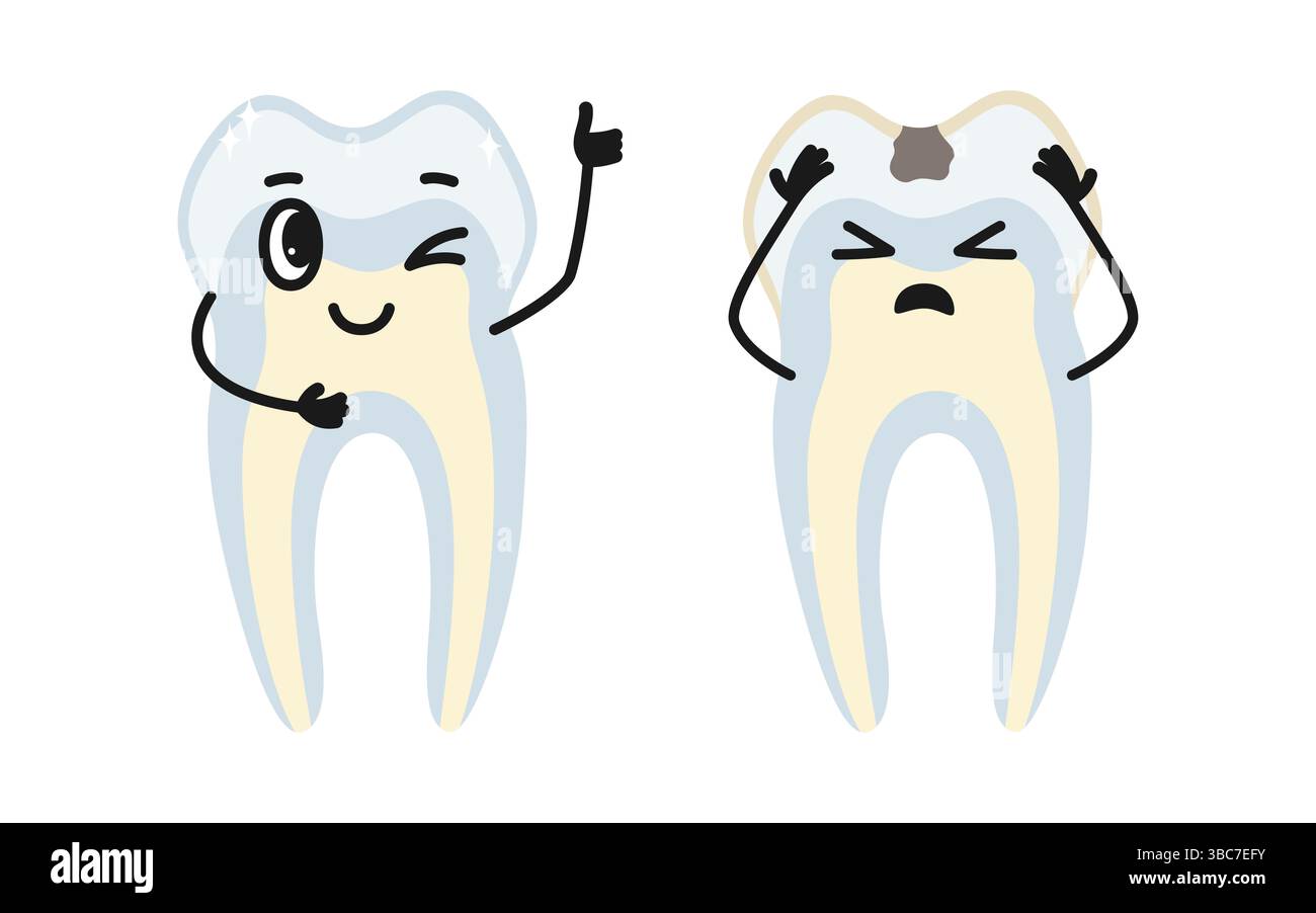 Two cartoon teeth showing childish importance of maintaining oral ...