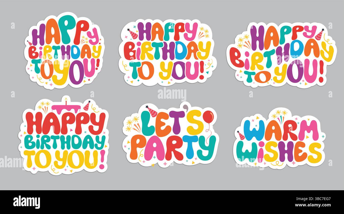 Birthday stickers calligraphy colorful clipart set. Happy birthday to ...