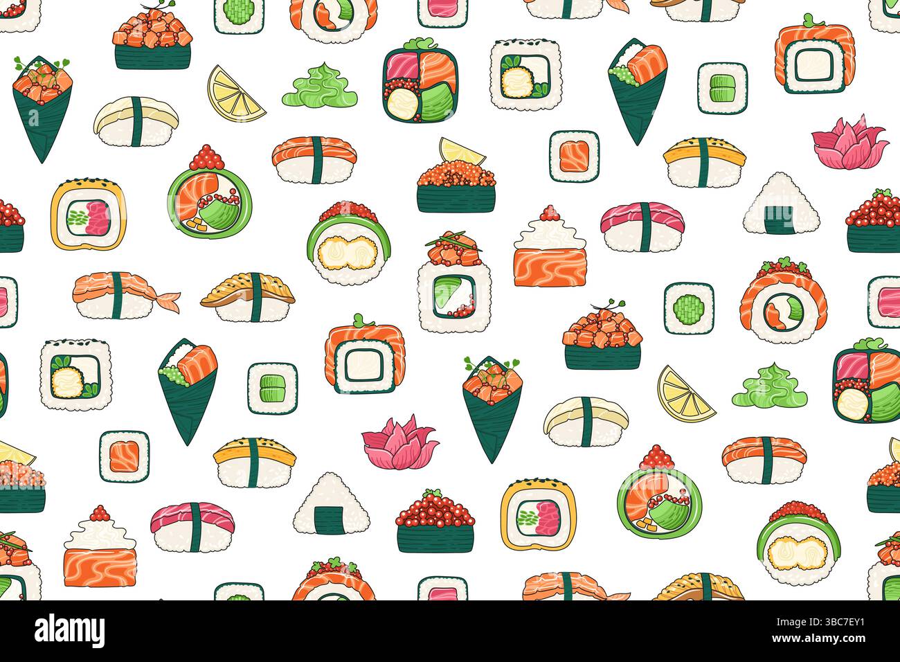 Sushi cartoon seamless pattern. Traditional Asian Japanese food ...