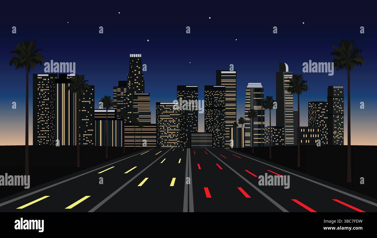 City at night. Cityscape of Downtown Los Angeles and a Freeway heading ...