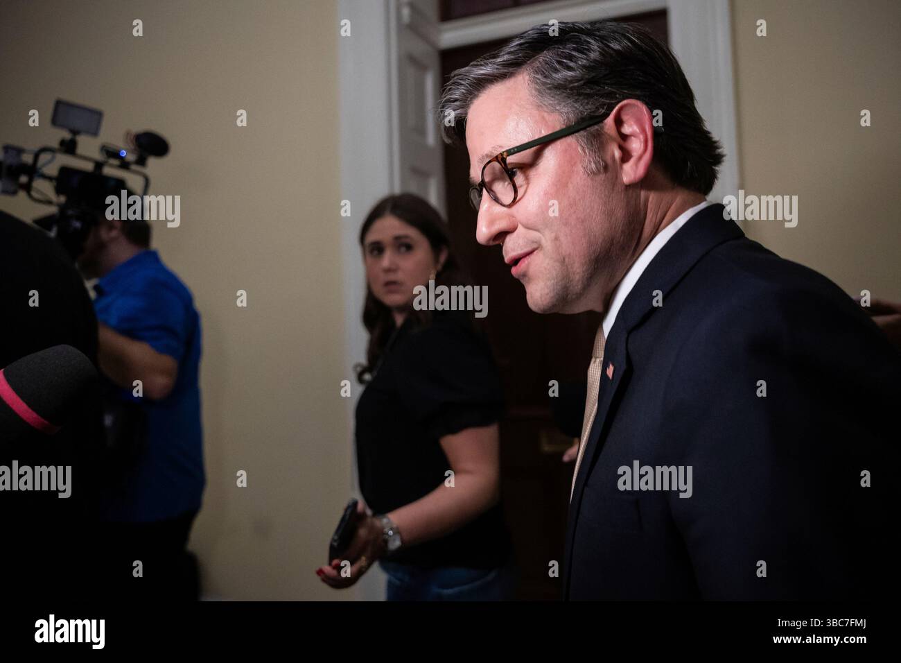 House Speaker Mike Johnson (R-La.) speaks with reporters as he arrives ...