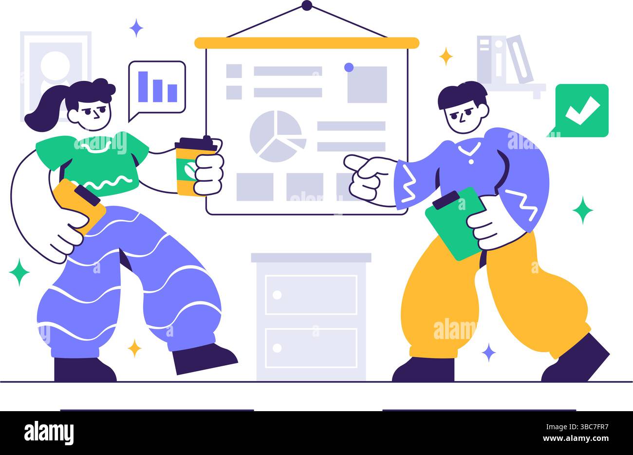 Vector illustration of a Coworking Business Featuring Colleagues Talking, Meeting, and Working ...