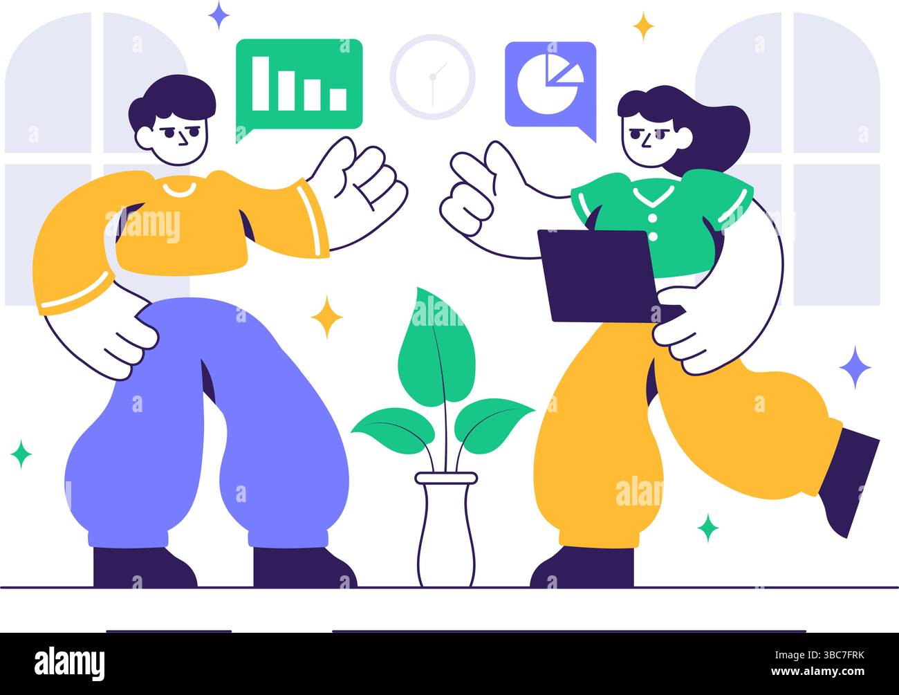 Vector illustration of a Coworking Business Featuring Colleagues Talking, Meeting, and Working ...