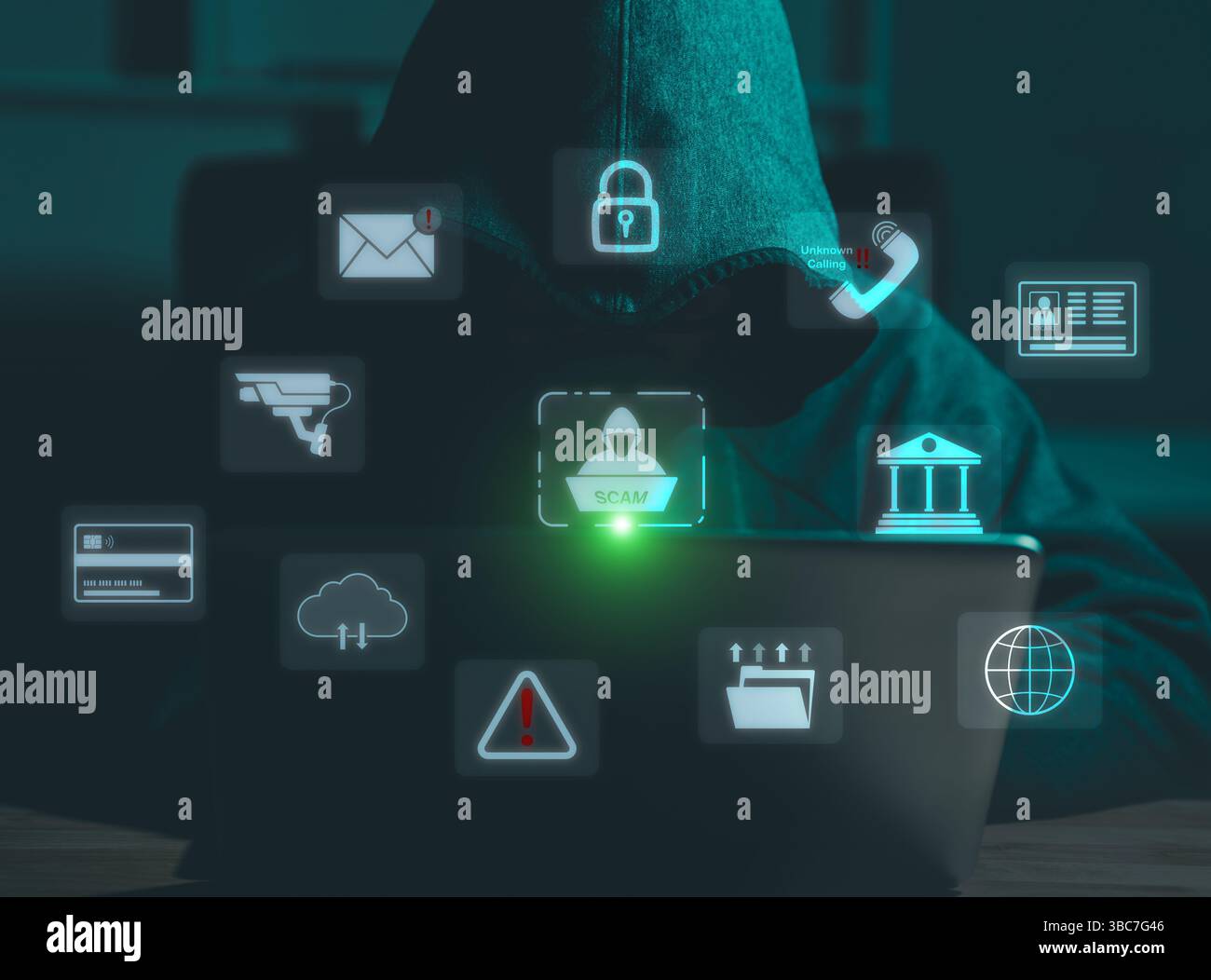 Hacker, Scam alert warning with cybersecurity icons. Businessman being ...