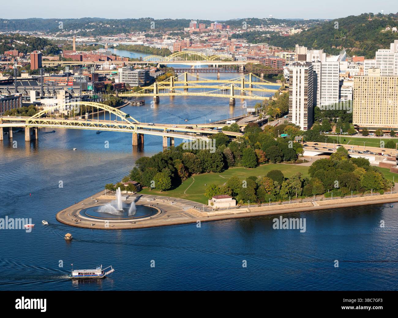 The aerial view of main bridges of Pittsburgh`s downtown and Fort Pitt ...