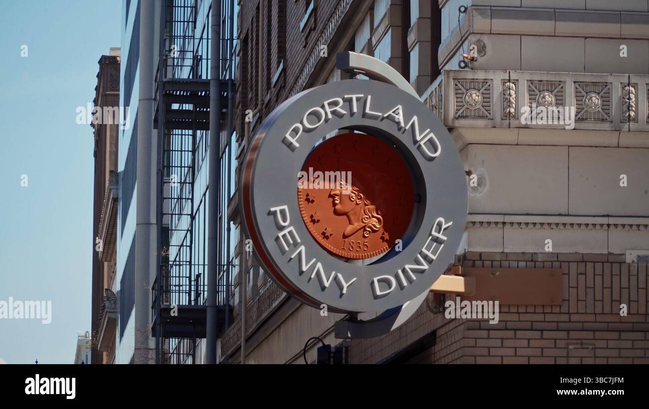 PORTLAND, OREGON - APRIL 14, 2017 - Close up view of the Portland Penny ...