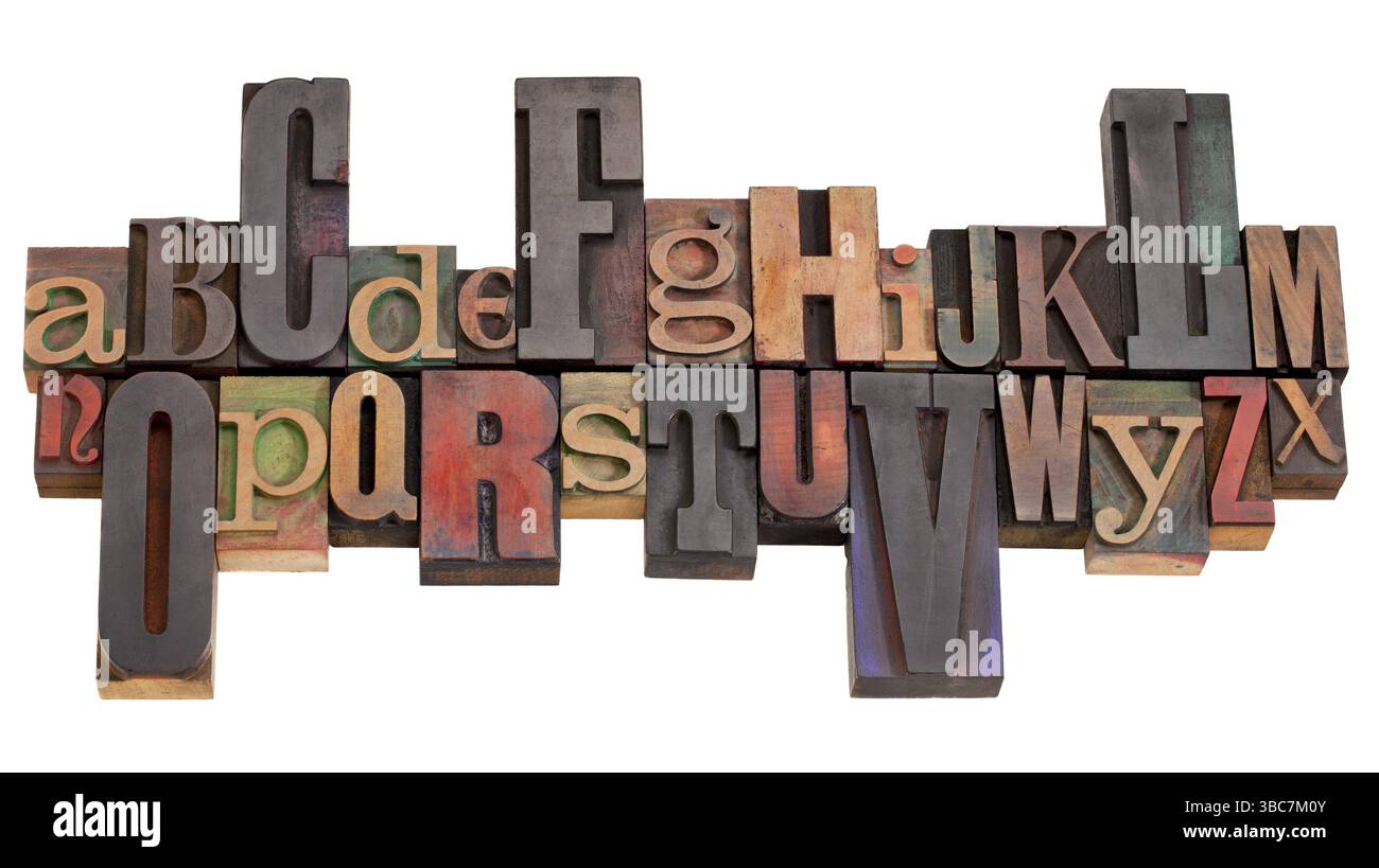 English alphabet abstract in antique wood letterpress printing blocks ...