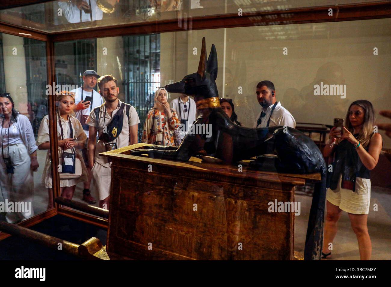 Cairo, Egypt. 18th May, 2025. Visitors view an exhibit at the Egyptian ...