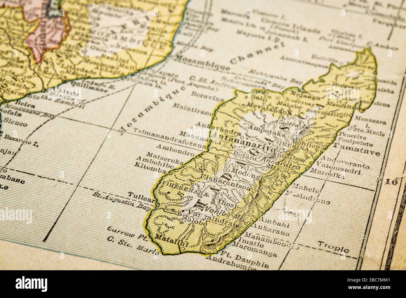 Madagascar and southeaster Africa on vintage 1920s map, selective focus ...