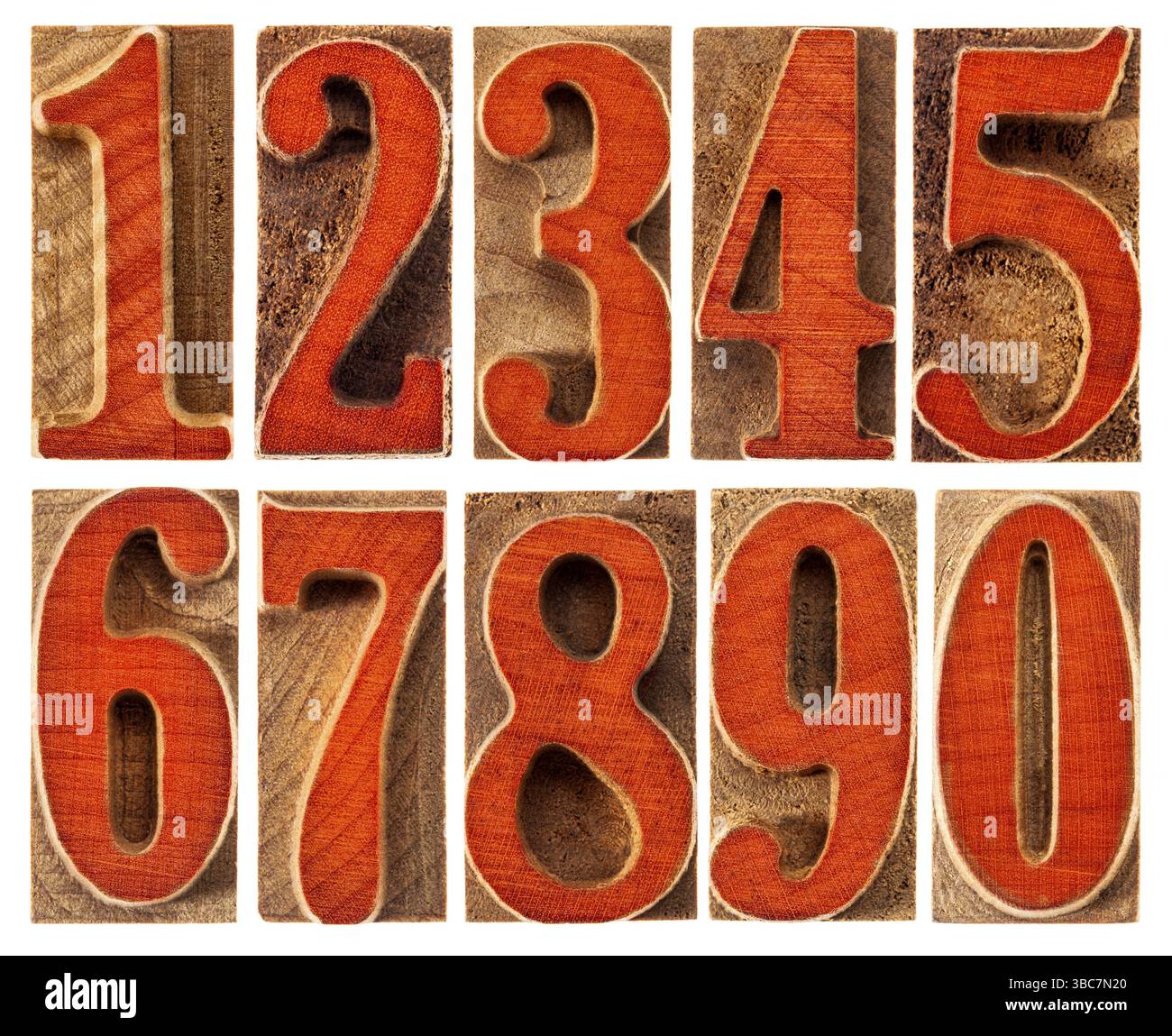 A set of isolated ten numbers from zero to nine in letterpress wood ...