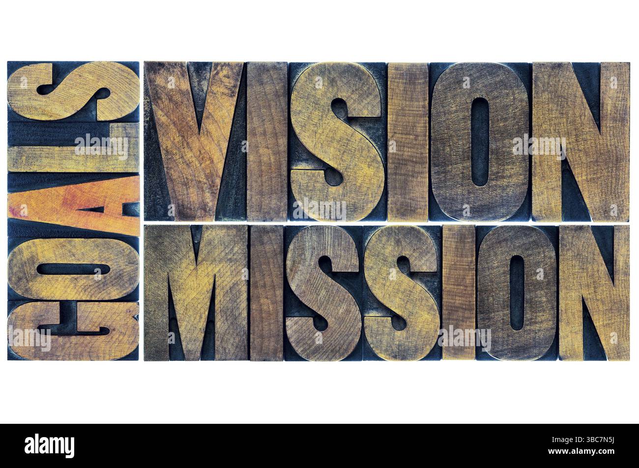 Goals, vision and mission typography abstract - a collage of isolated ...