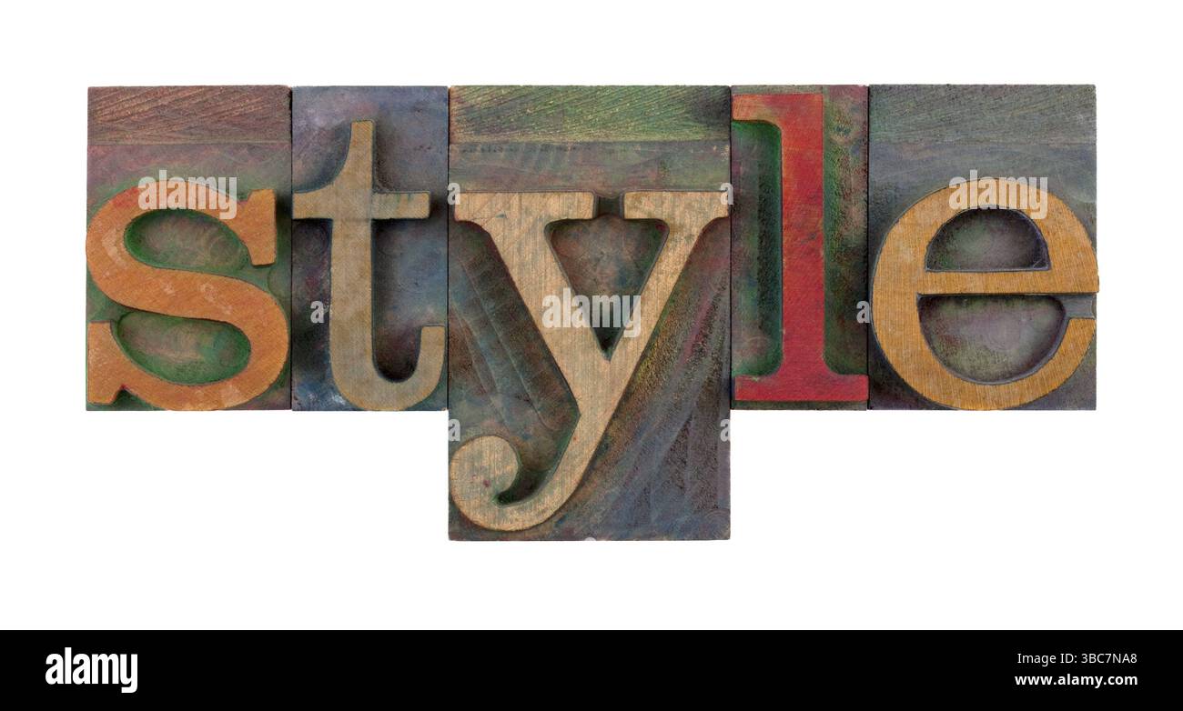 The word style in vintage wood letterpress type blocks, stained by ...