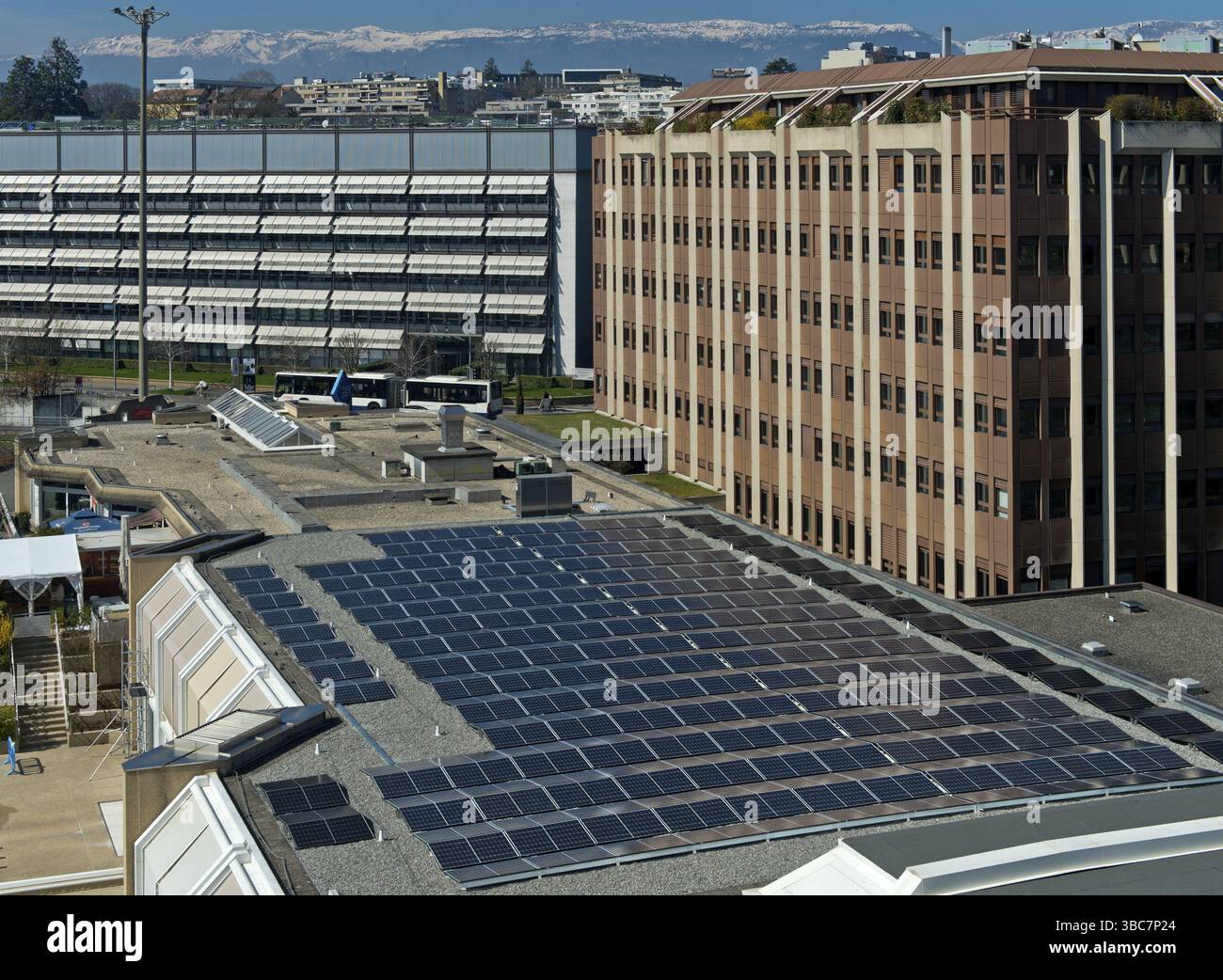 Solar panels on the flat roof of the Varembe indoor swimming pool ...