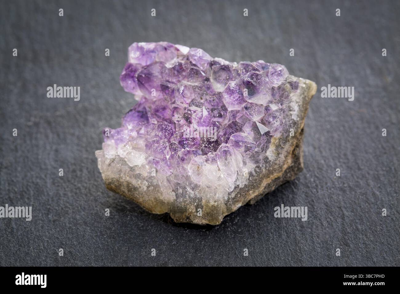 Amethyst cluster - a gemstone on gray slate stone background Stock ...