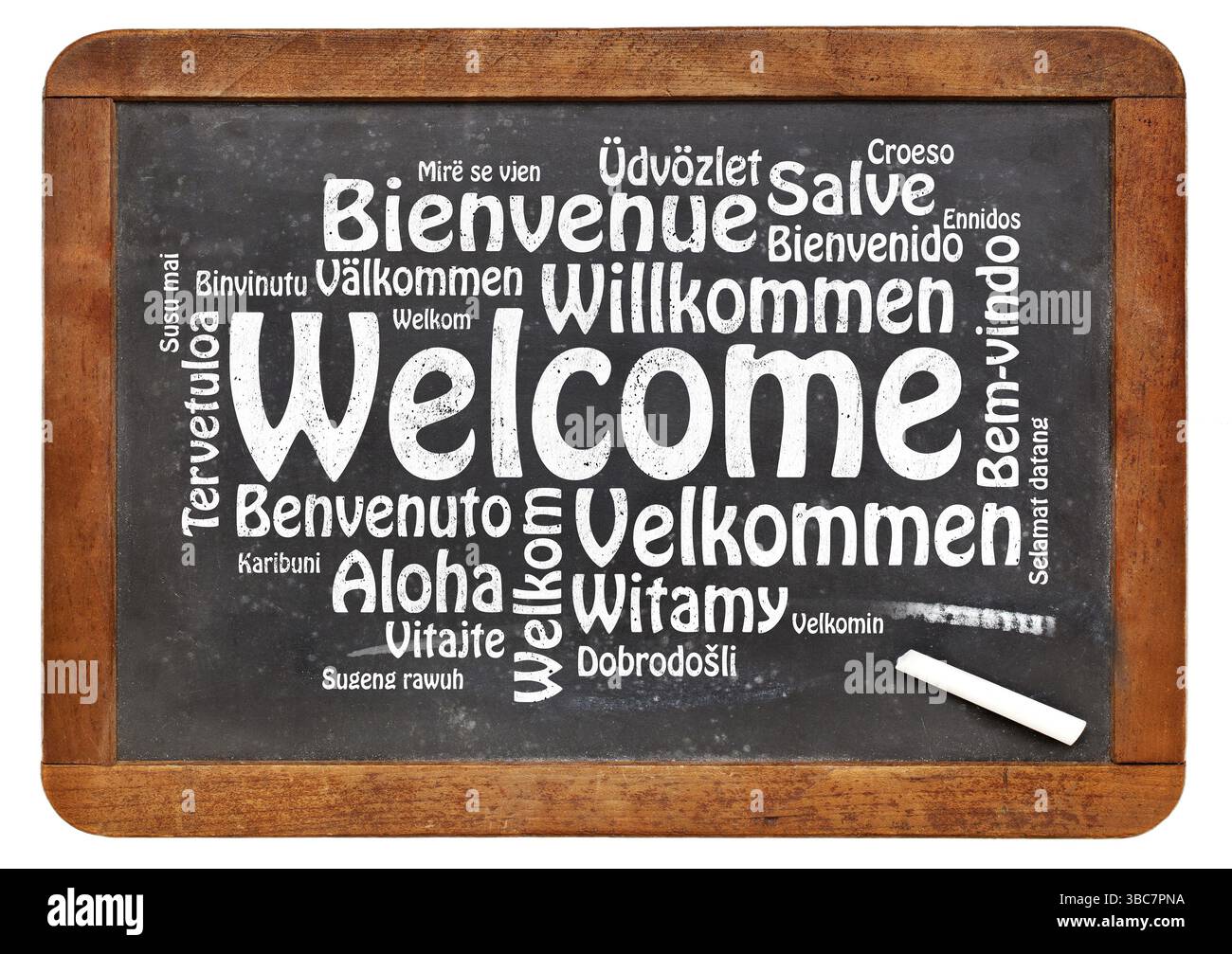 Welcome in different languages - a word cloud in white chalk text on a ...