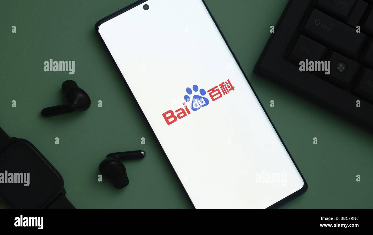Phone with Baidu logo, indicating a Chinese tech context, surrounded by ...