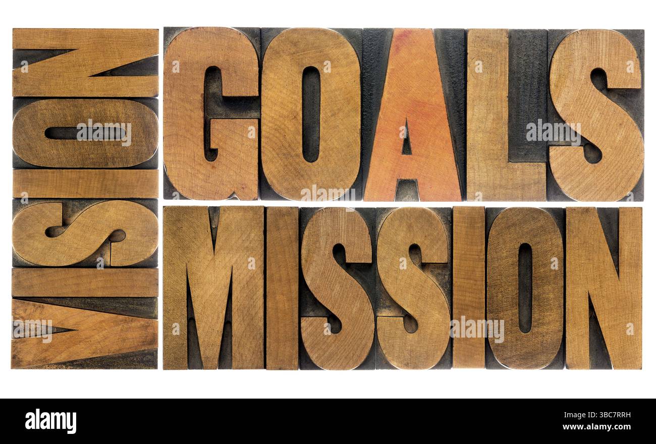 Goals, vision and mission word abstract - a collage of isolated text in ...