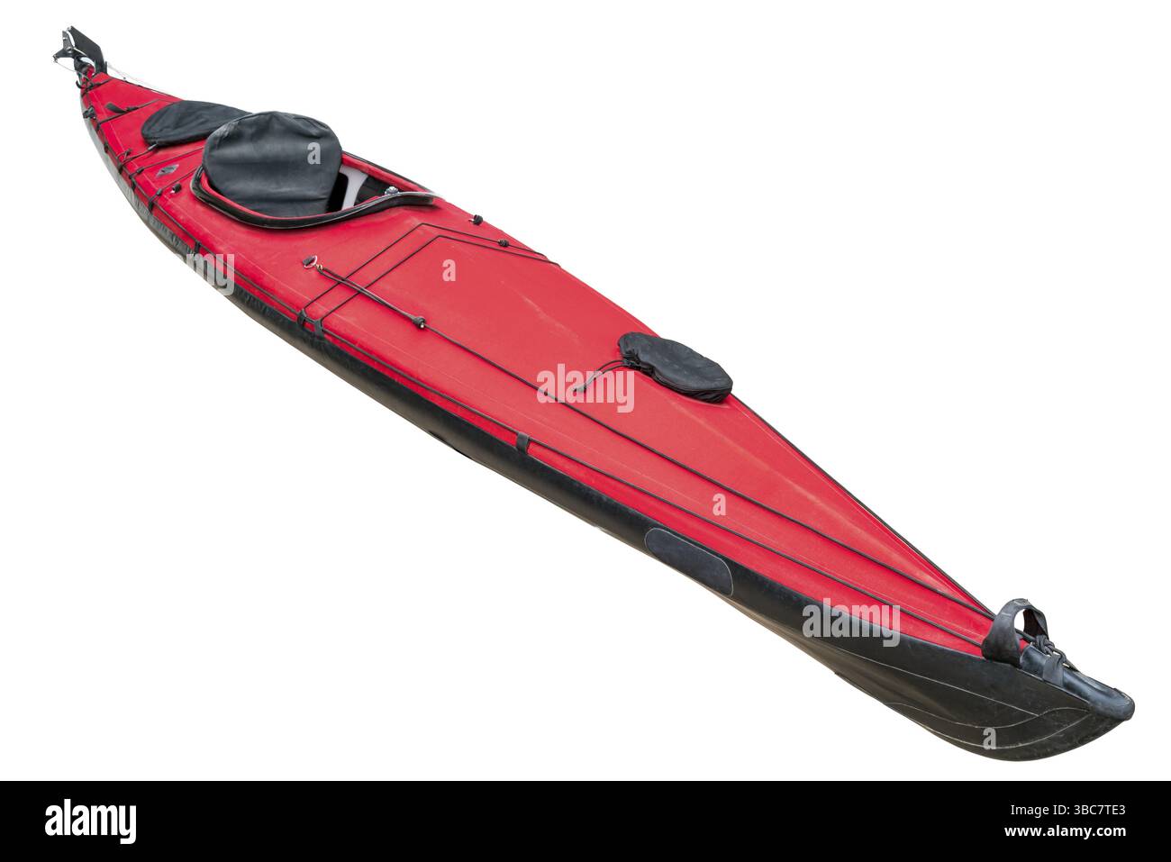 Folding expedition sea kayak with a red deck and rudder isolated on ...