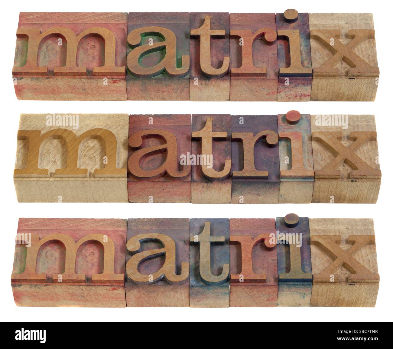 Matrix word in vintage wooden letterpress printing blocks, stained by ...