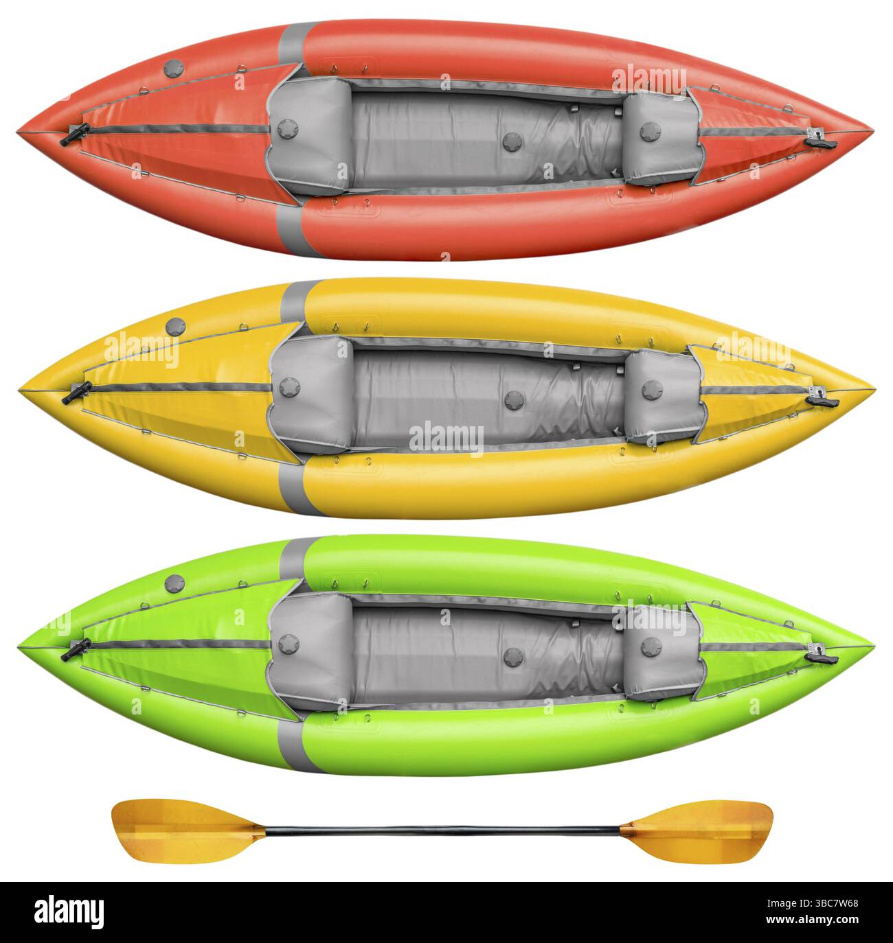 Inflatable whitewater one person kayak and a paddle isolated on white ...