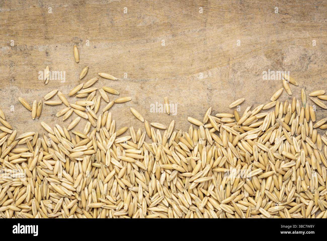 Oats grain (organic, whole groats) against textured bark paper with a ...