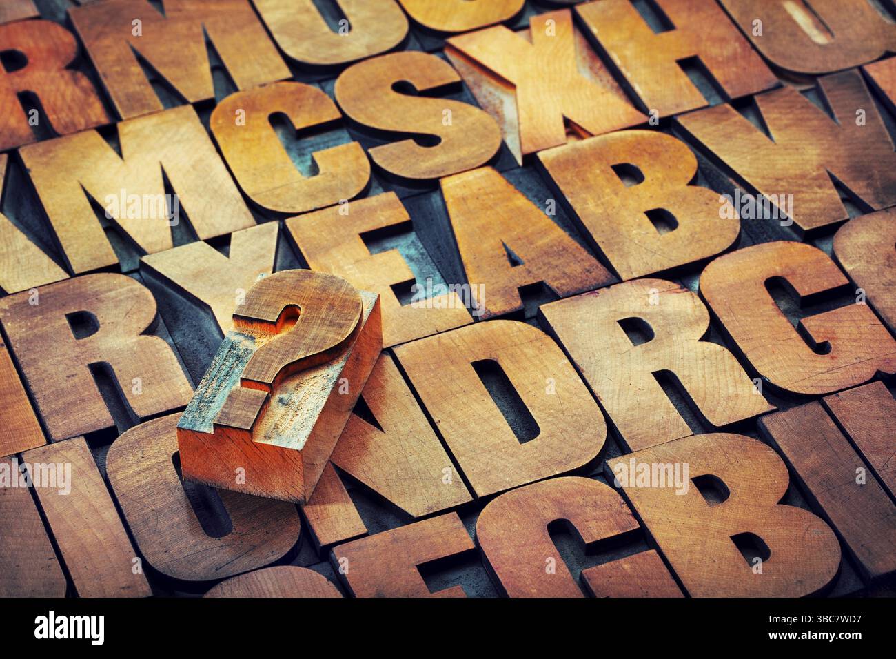 Question mark and alphabet in vintage letterpress wood type printing ...