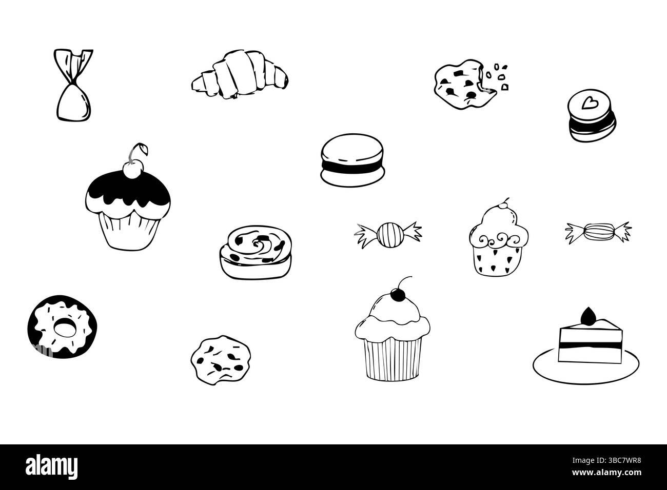Dessert doodle icon set, breakfast bun, donut cupcake and candies ...