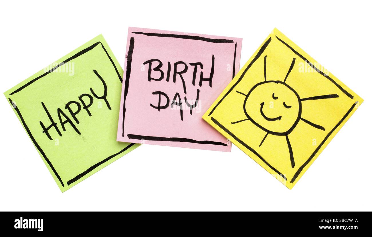 Happy Birthday greeting card or banner - handwriting on isolated sticky ...