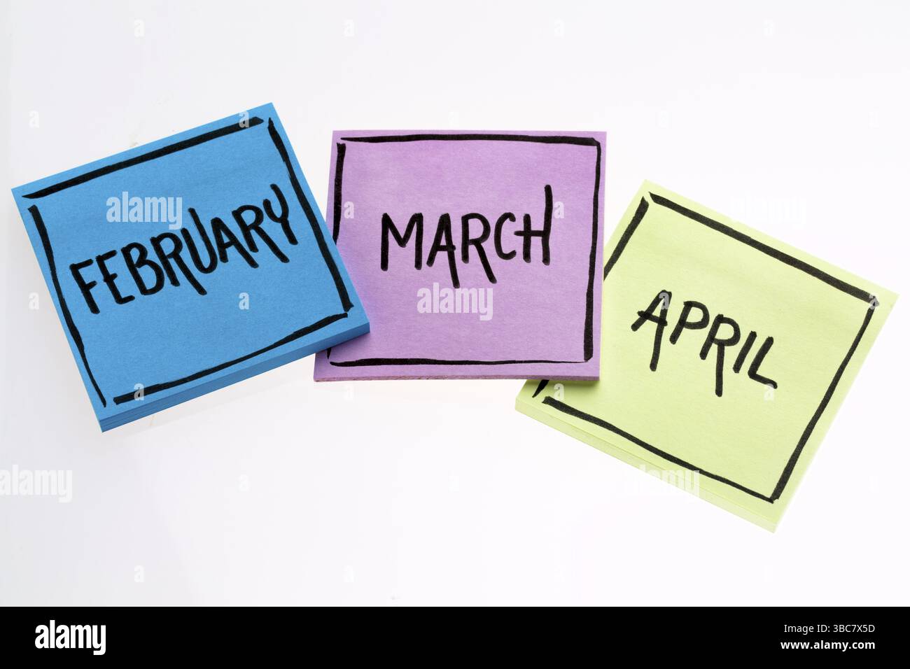 February, March and April - handwriting in black ink on isolated sticky ...