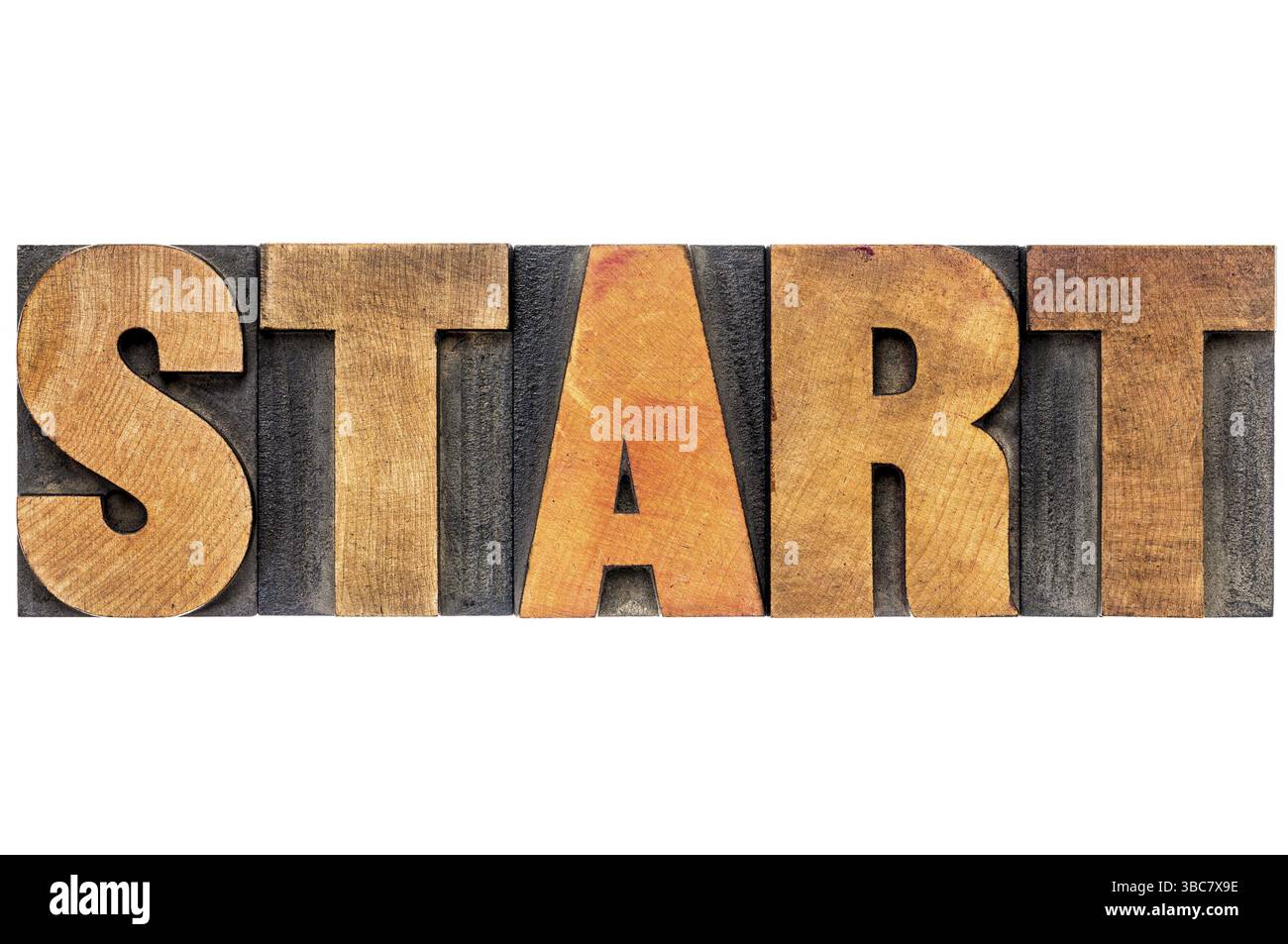 Start word typography - isolated text in letterpress wood type Stock ...
