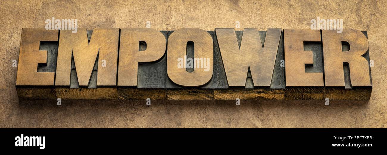 Empower word in vintage letterpress wood type against handmade paper ...