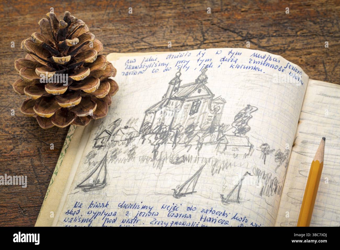 Kayak expedition journal - handwriting and drawing in pencil. Travel ...