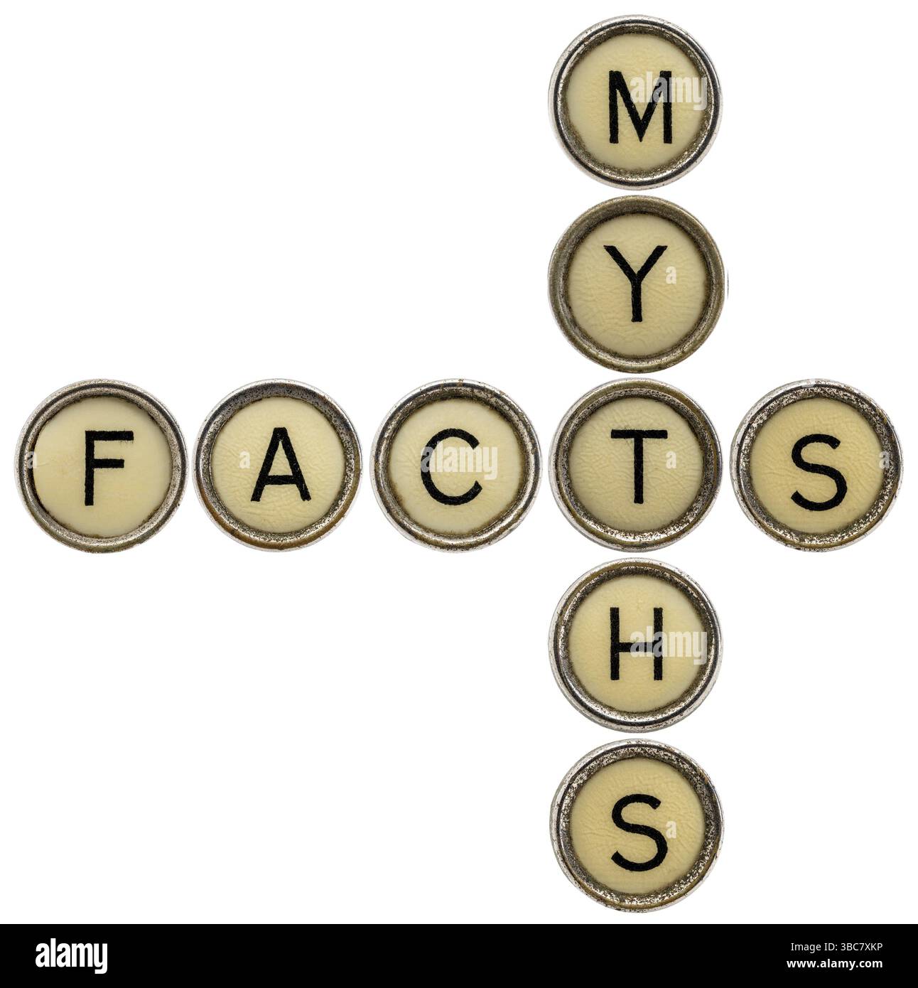 Facts and myths crossword in old round typewriter keys isolated on ...