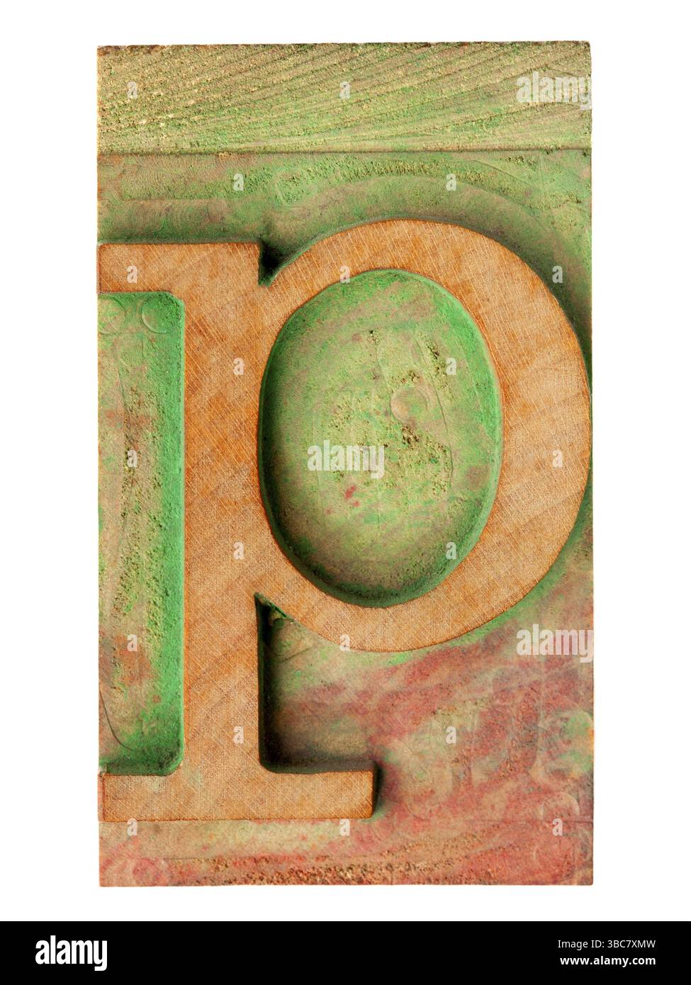 Isolated letter p in vintage letterpress wood type stained by color ink ...