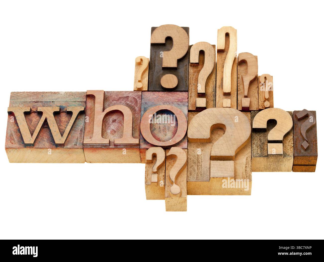 Who question with multiple question marks - isolated vintage wood ...