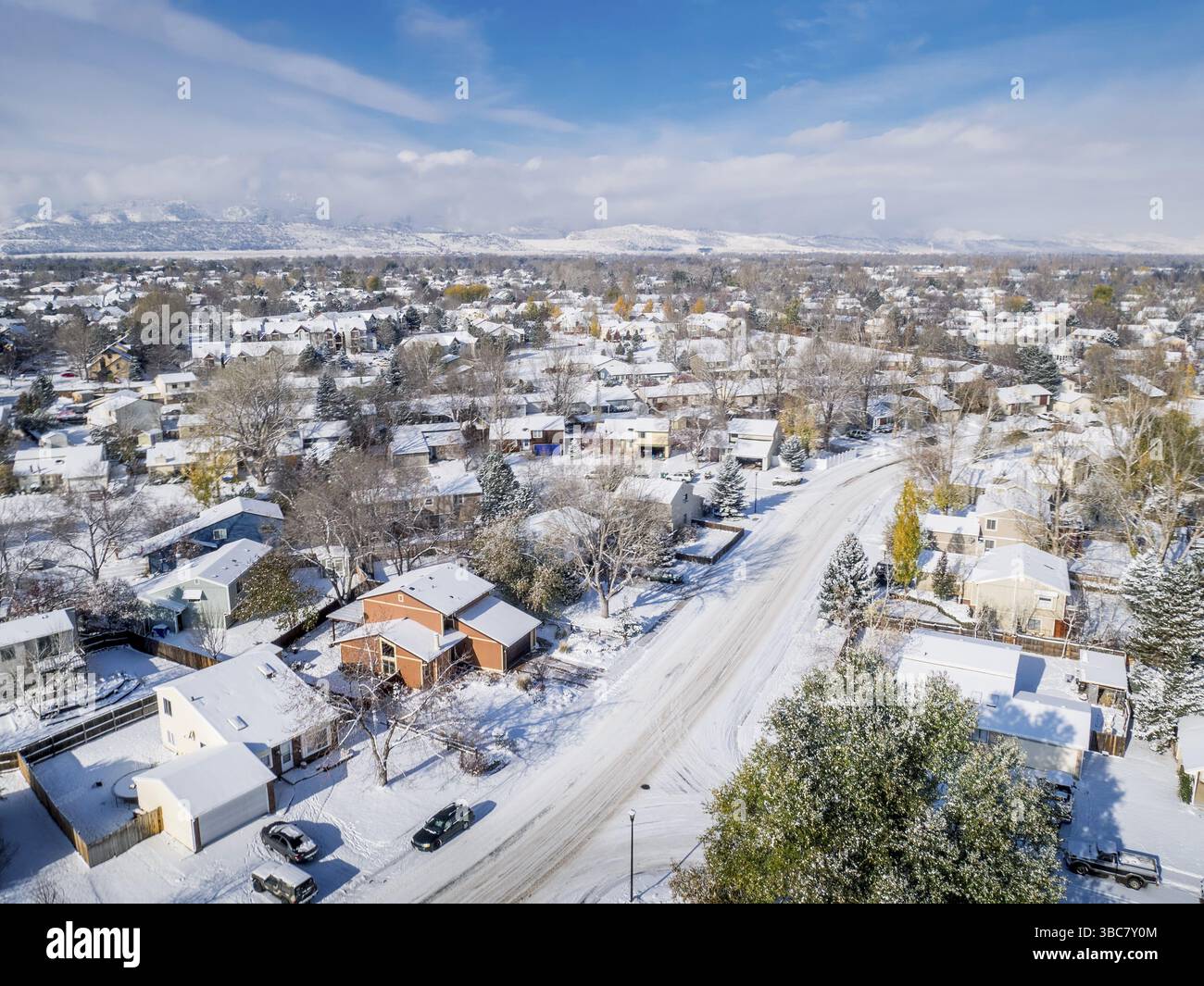 Cityscape with first snow - aerial view of a residential area of Fort ...