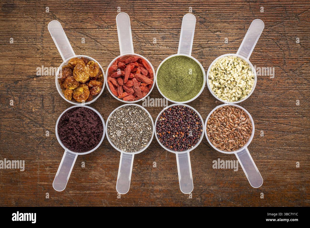 Superfood abstract (wheatgrass, acai berry, goji berry, flax seed, chia ...