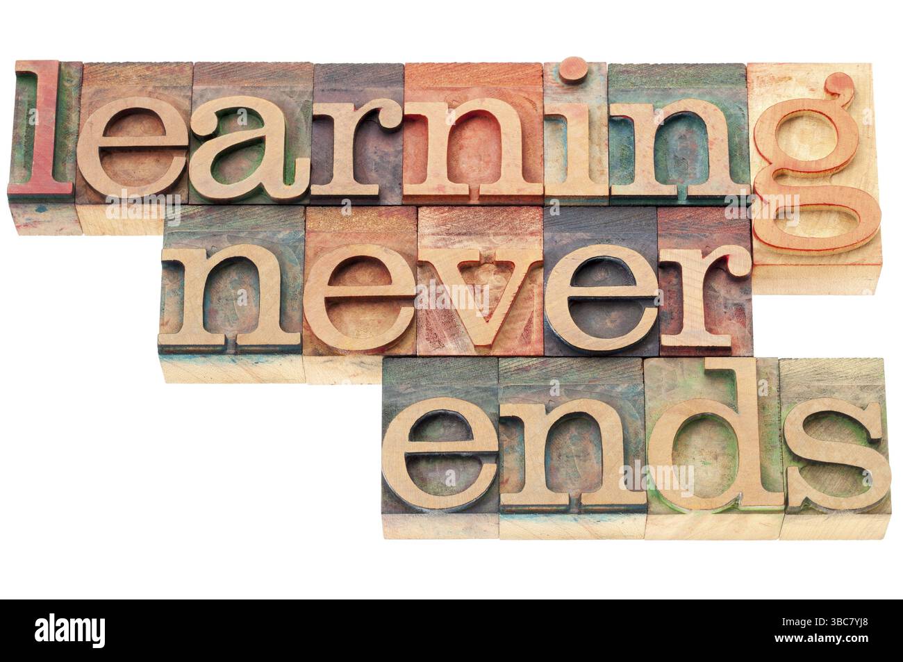 Learning never ends - continuous education concept - isolated text in ...