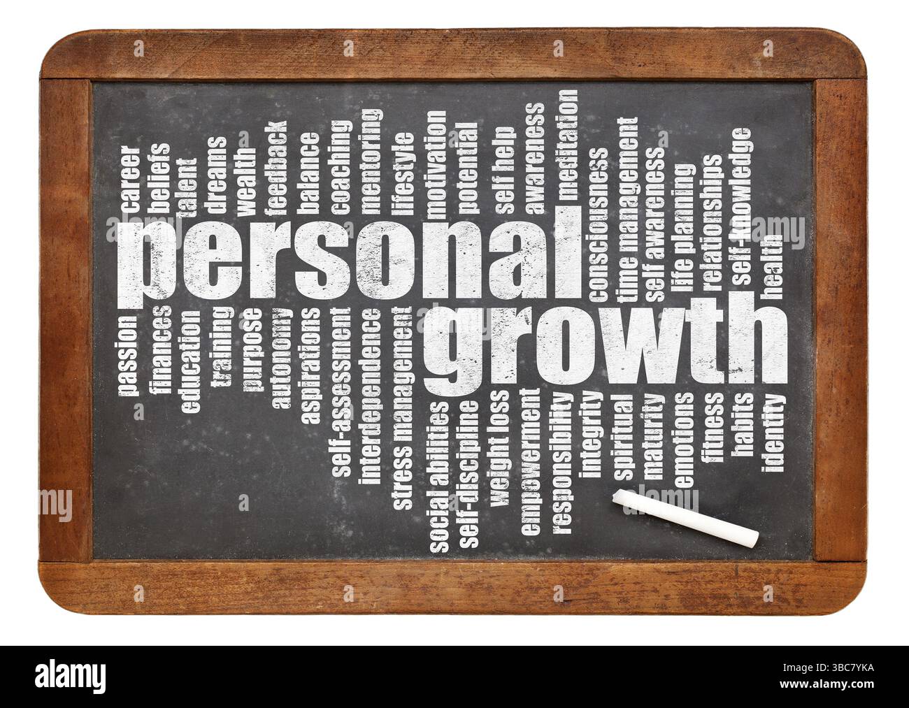 Personal growth word cloud on a slate blackboard isolated on white ...