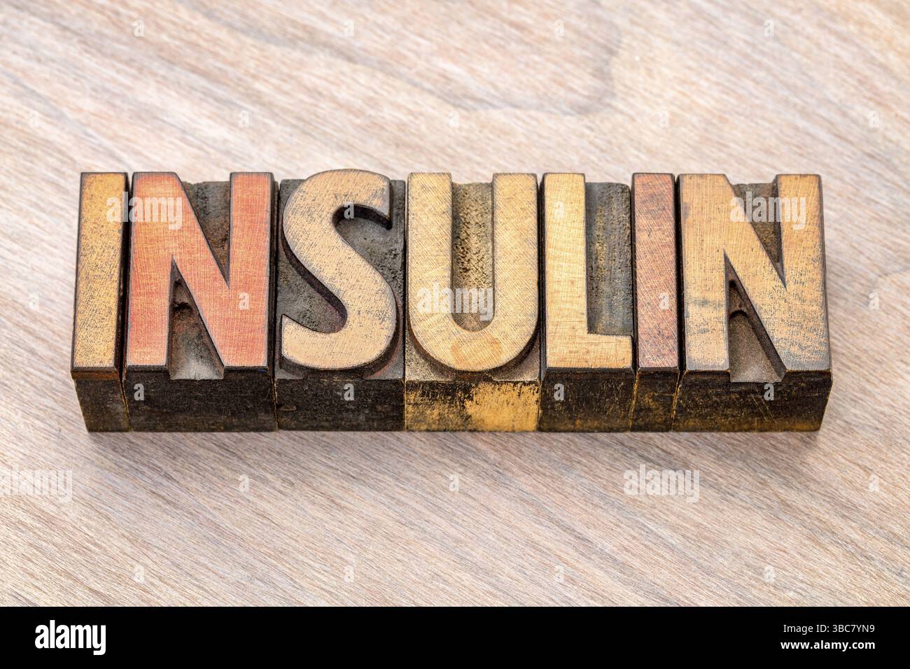Insulin word abstract in vintage letterpress wood type against grained ...